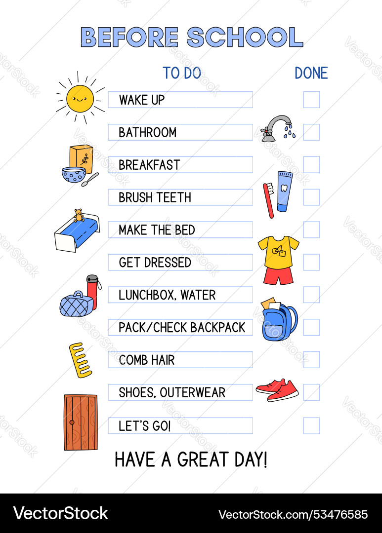 Morning routine checklist template chart for kids Vector Image