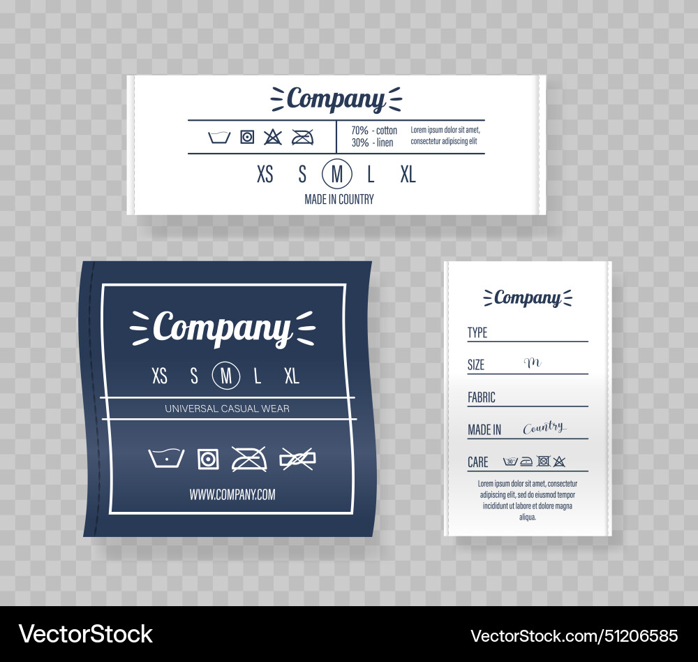 Three clothing labels featuring company branding Vector Image