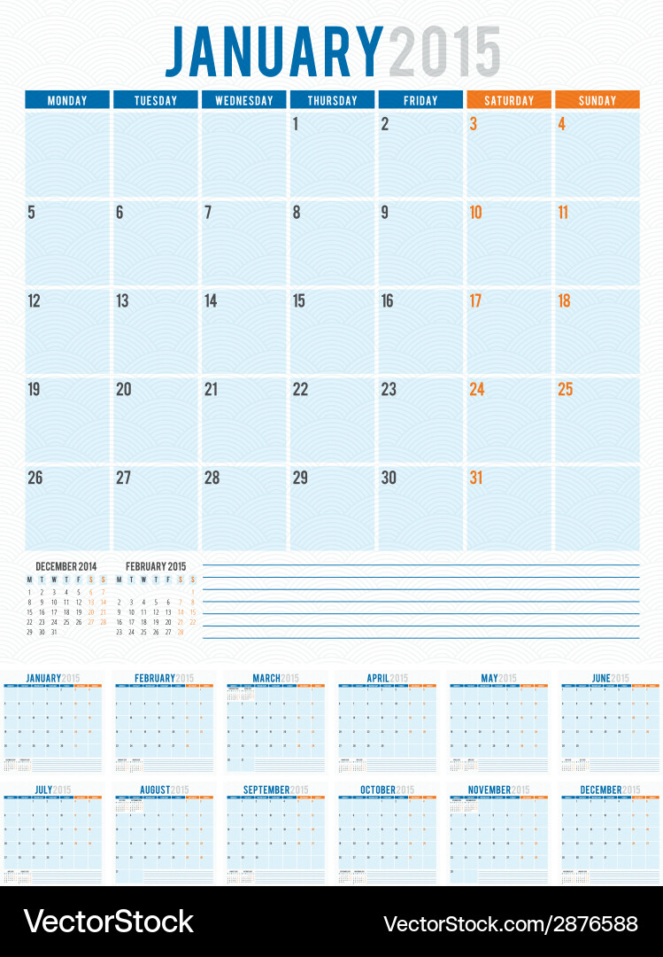 Calendar planner 2015 template week starts monday Vector Image