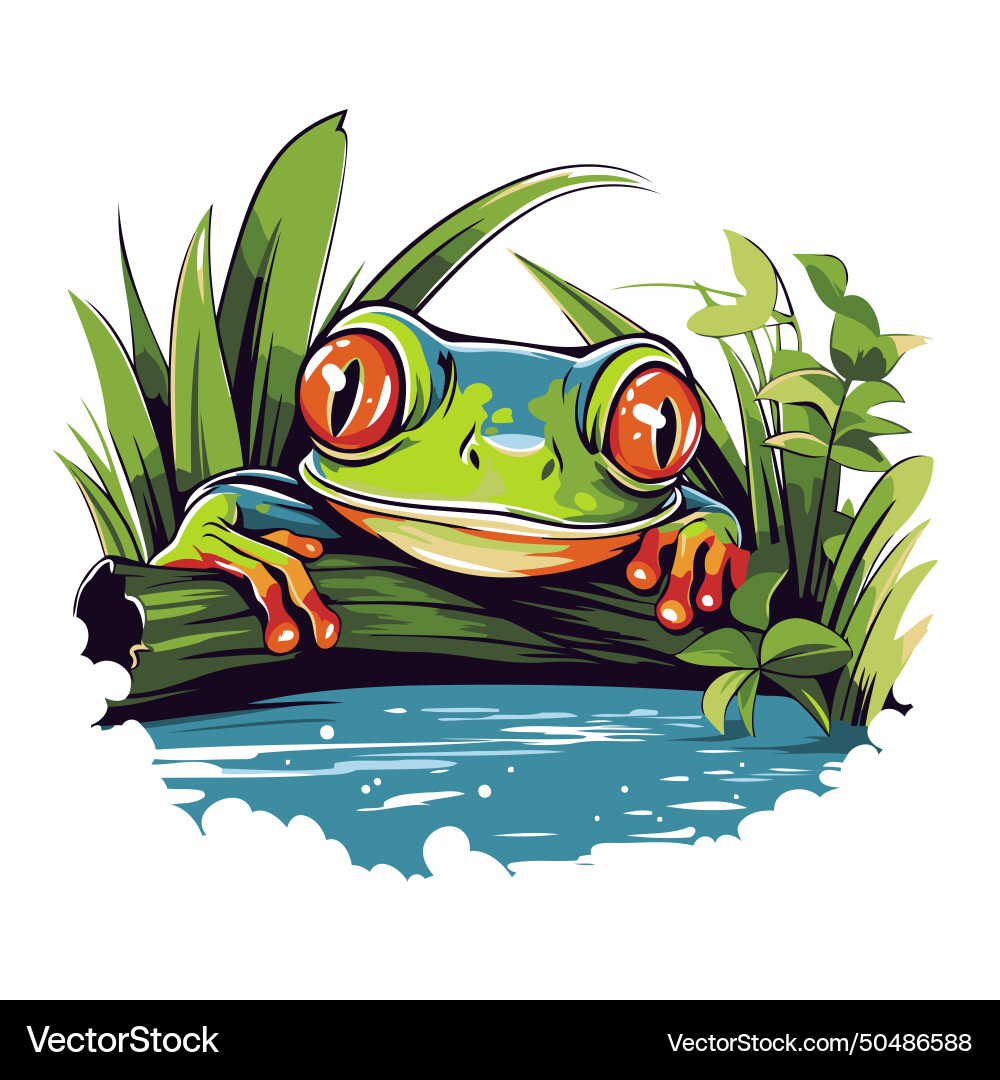 Frog on the log in pond cartoon Royalty Free Vector Image