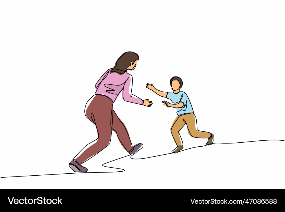 Single one line drawing boy running to mother Vector Image