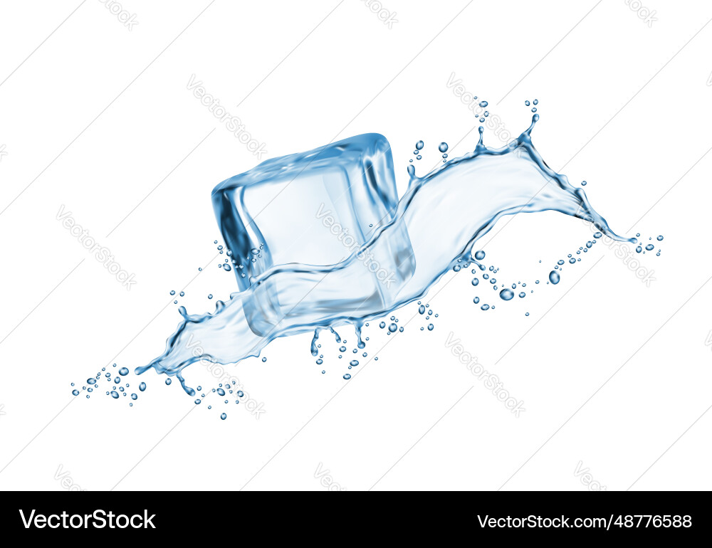 Water wave splash and ice cube with drops in flow Vector Image