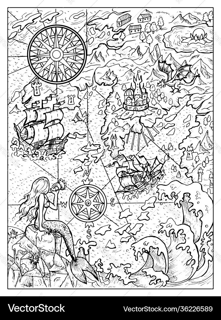 Black and white marine map with mermaid Royalty Free Vector
