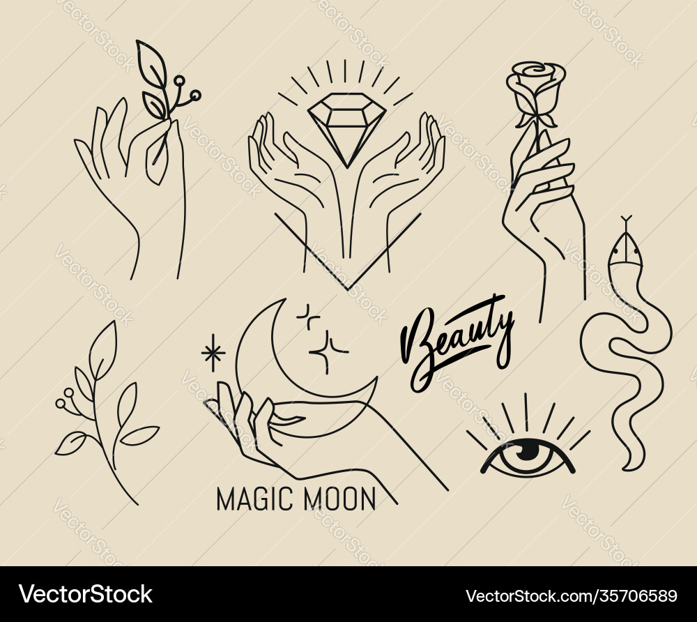 Emblems with female hands flowers and magical Vector Image
