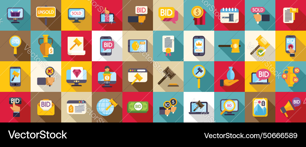 Online auction icons set flat bid property Vector Image