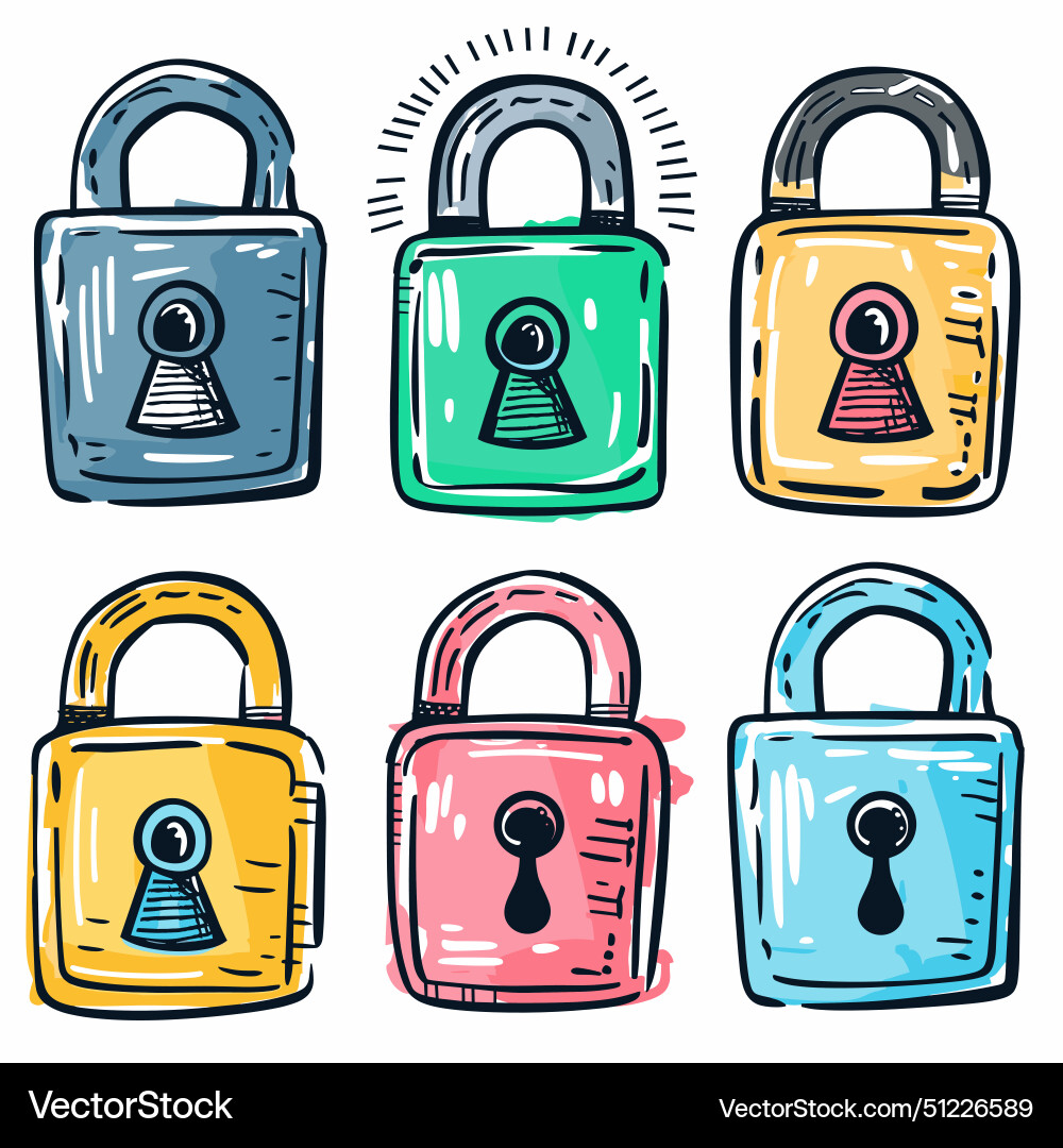 Six colorful padlocks handdrawn cartoon style Vector Image
