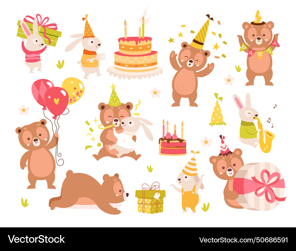 Cute bear and rabbit friends kids characters Vector Image
