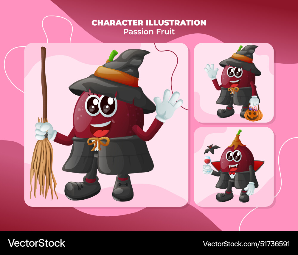 Cute passion fruit characters on halloween Vector Image