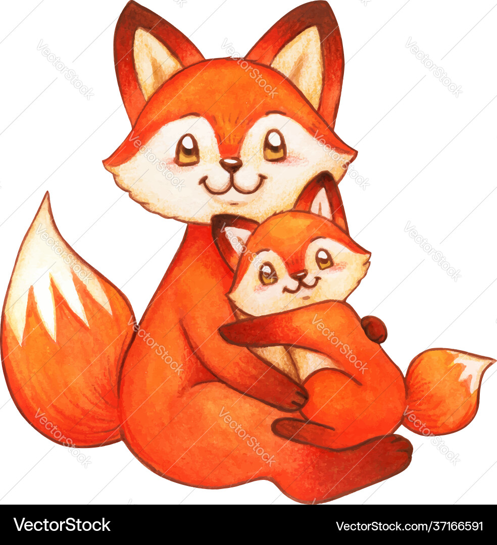 Watercolor Fox Mom & Child Royalty Free Vector Image