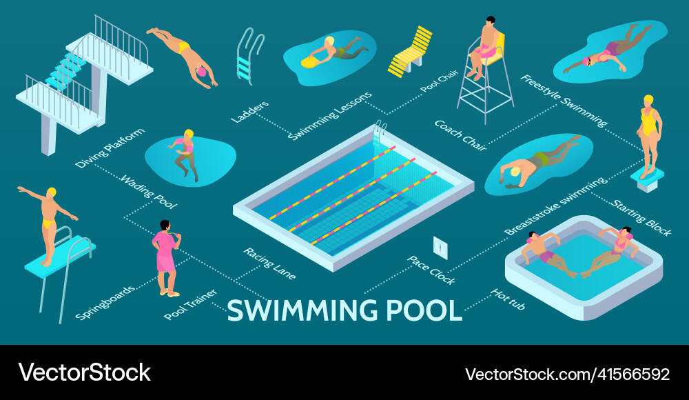 Isometric swimming pool infographic Royalty Free Vector