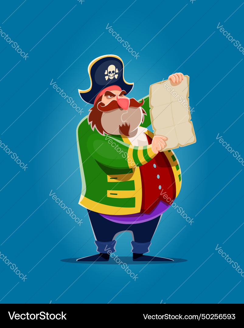 Cartoon pirate captain sailor with treasures map Vector Image