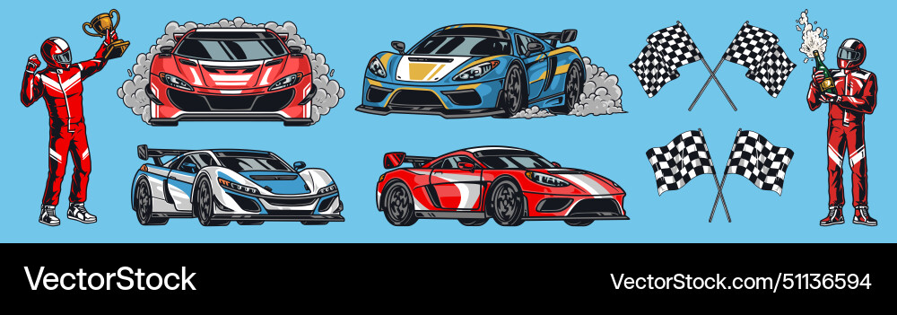 Car racing set stickers colorful Royalty Free Vector Image