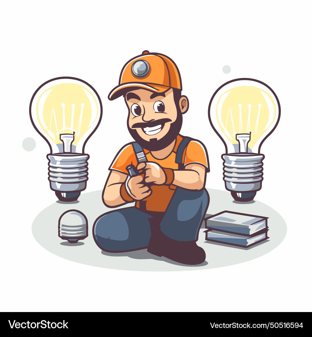 Cartoon worker with lightbulbs in style Royalty Free Vector