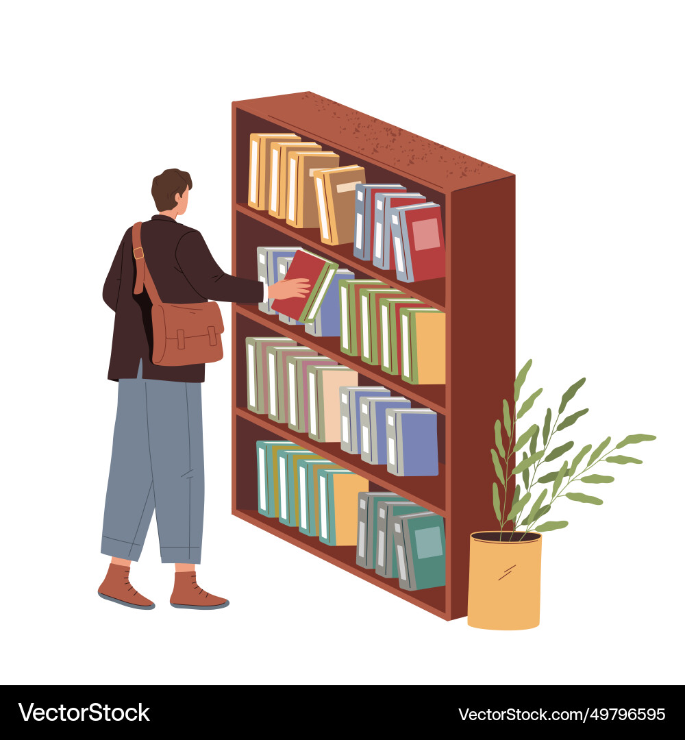 Reader taking book from bookcase bookstore Vector Image