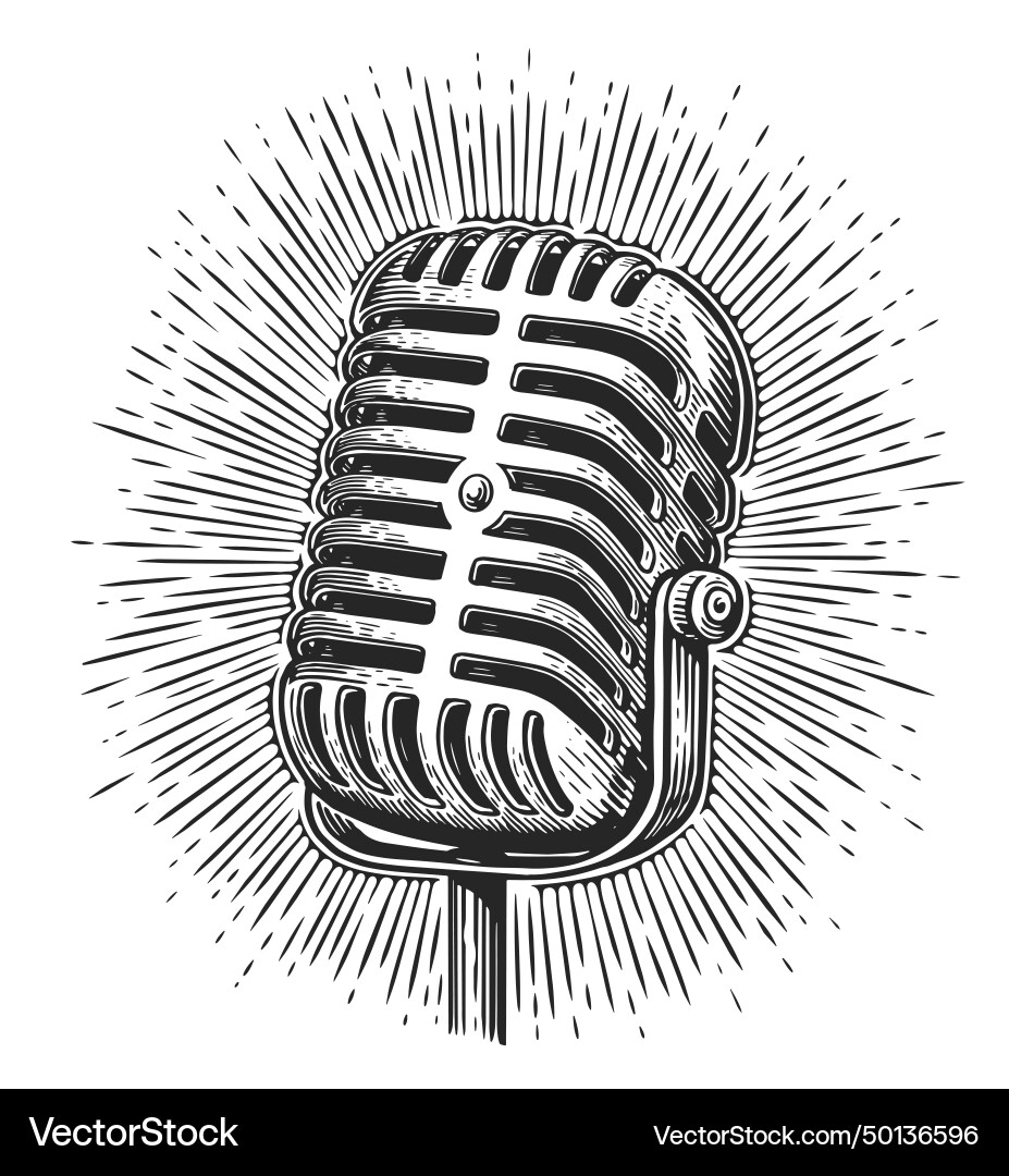 Podcasting retro microphone hand drawing sketch Vector Image