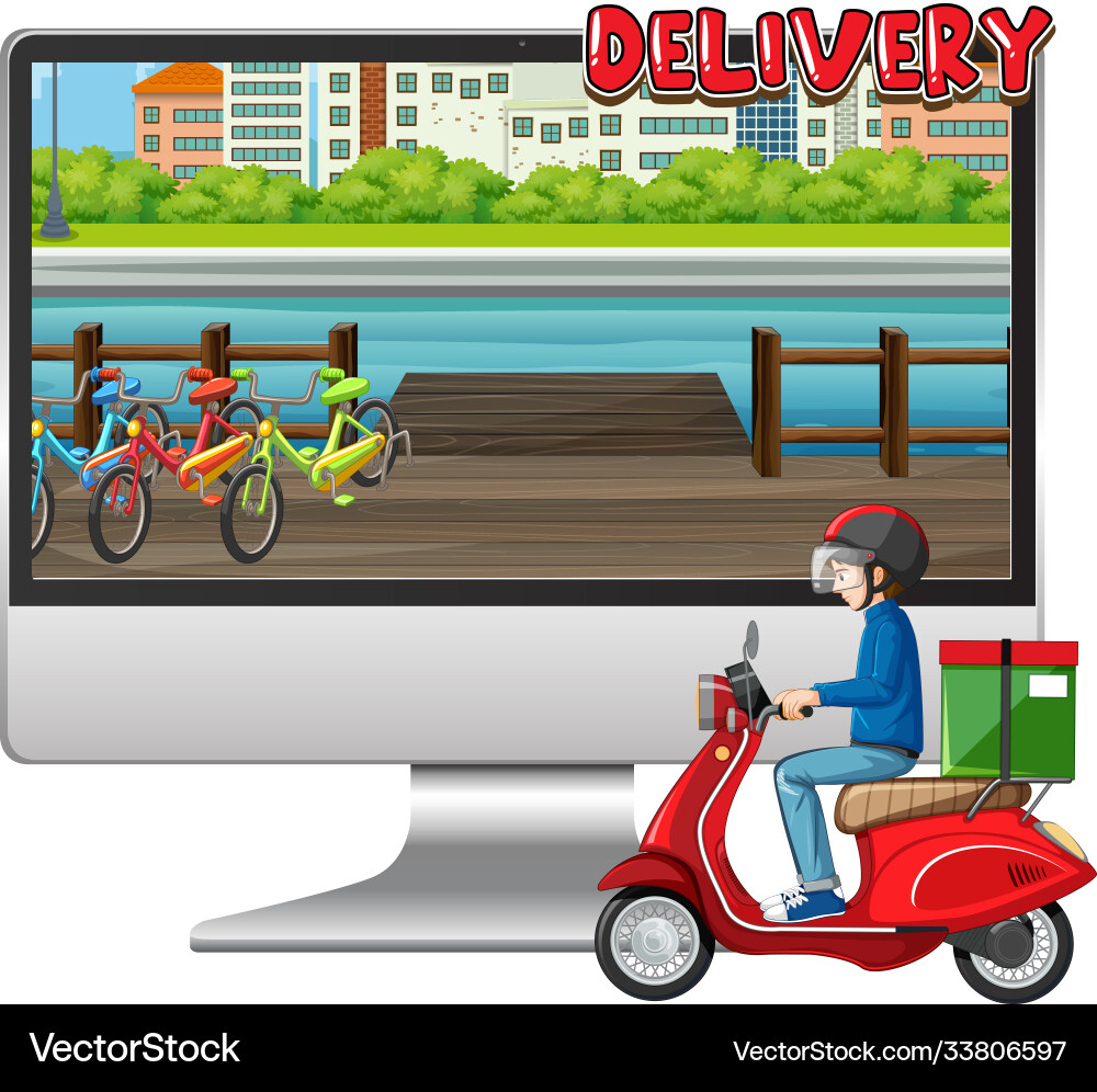 Computer with bike man or courier and delivery Vector Image