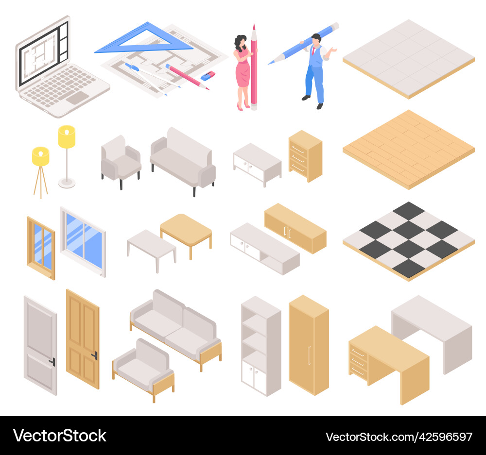 Isometric interior design project set Royalty Free Vector