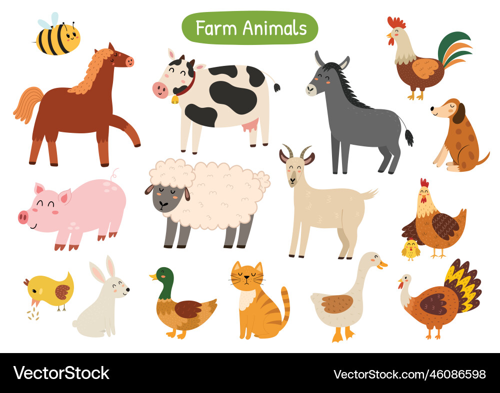 Cute farm animals collection doodle countryside Vector Image