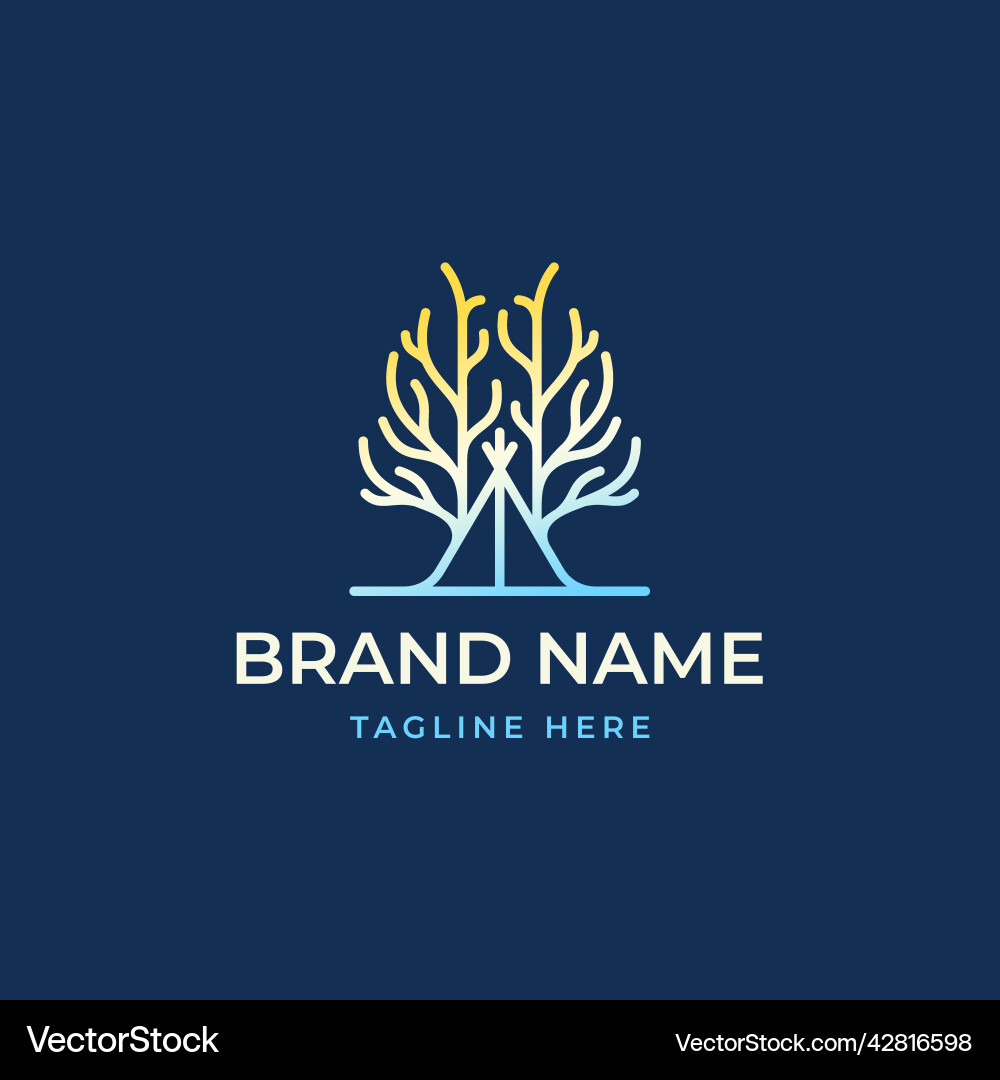 Lineart tree and tent logo design Royalty Free Vector Image
