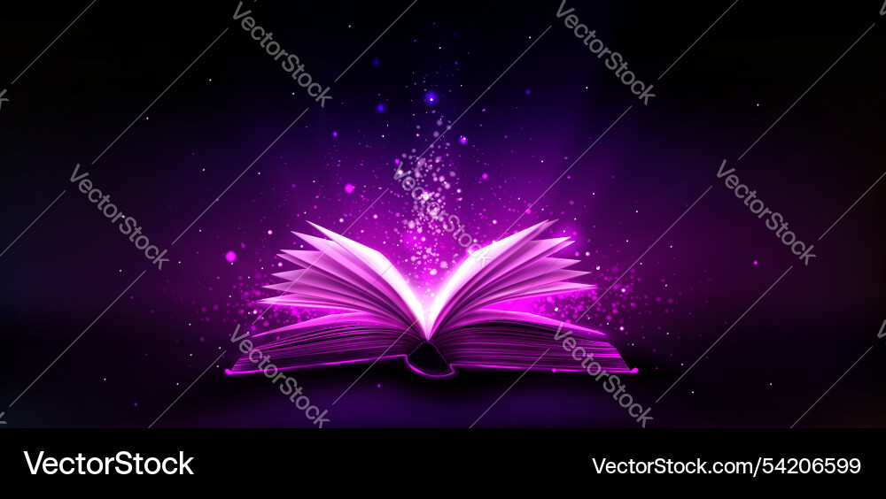 Open magic book radiating bright pink light Vector Image