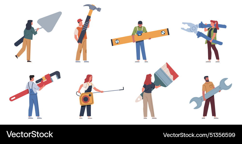 Tiny people with instruments craftsmen in work Vector Image
