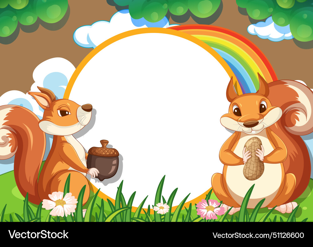 Two squirrels with acorns under a colorful rainbow
