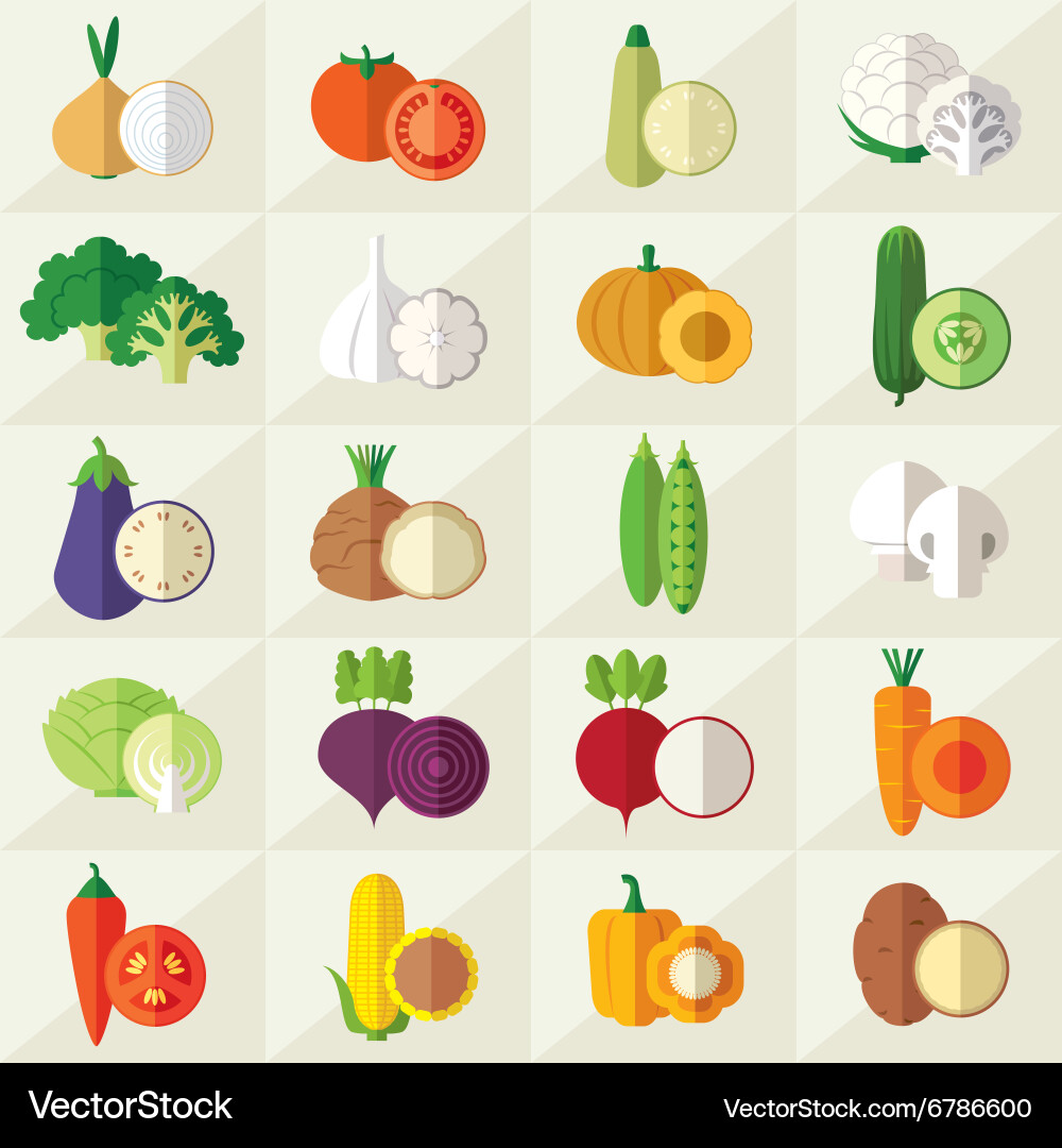 Vegetables flat icons set Royalty Free Vector Image