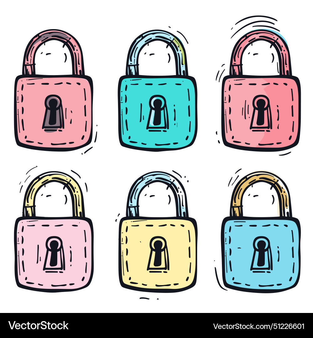 Six colorful padlocks handdrawn cartoon style Vector Image