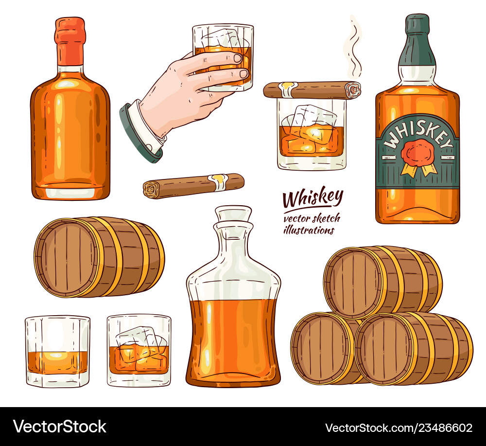 Whiskey alcohol symbols sketch icon set Royalty Free Vector