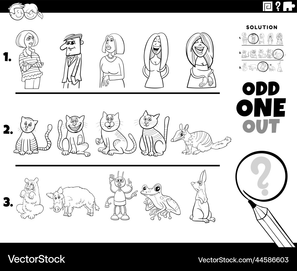 Odd one out task with cartoon characters coloring Vector Image