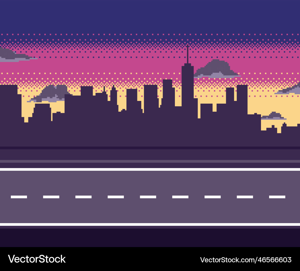 Pixel art road with city silhouette clouds Vector Image