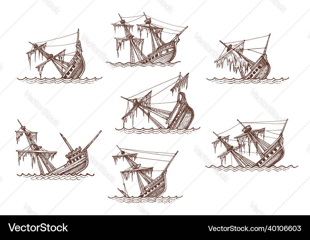 Sunken sailing brigantine ship sketches shipwreck Vector Image