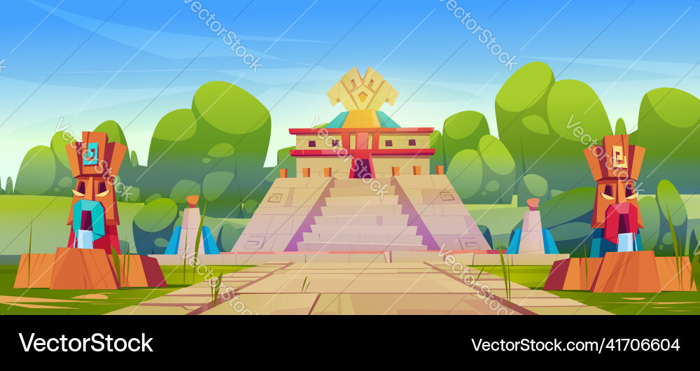 Ancient aztec pyramid temple and statues Vector Image