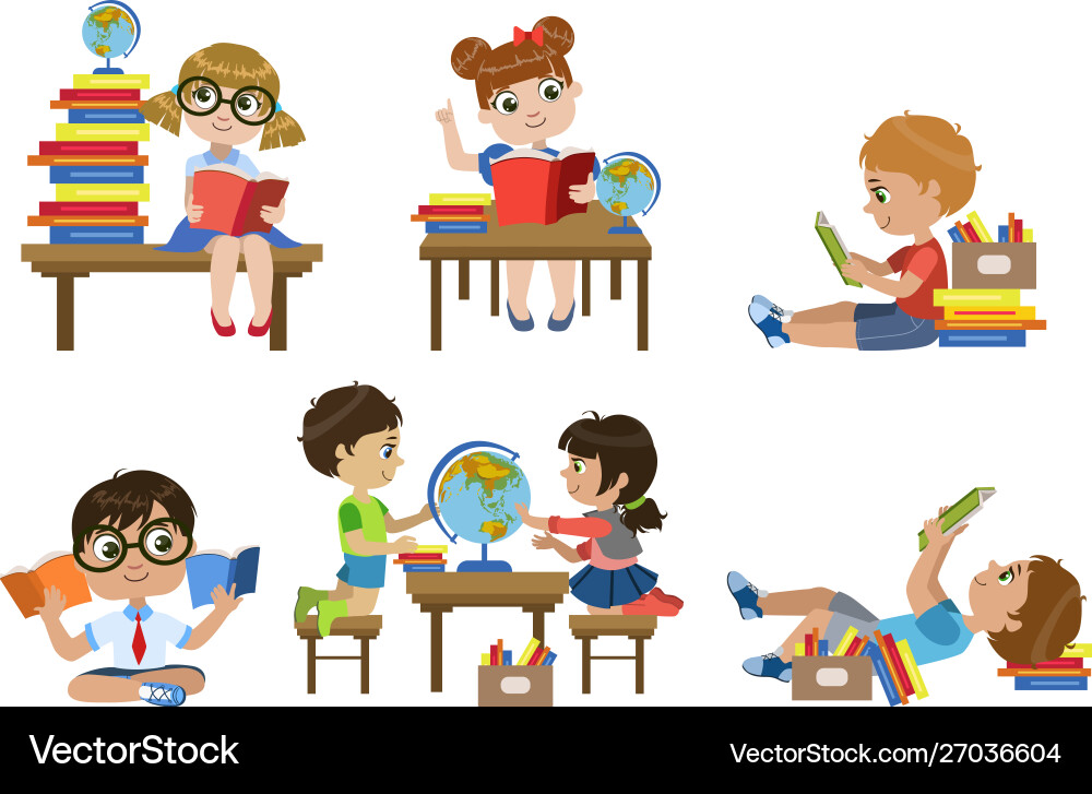 Cute kids reading books set children learning Vector Image