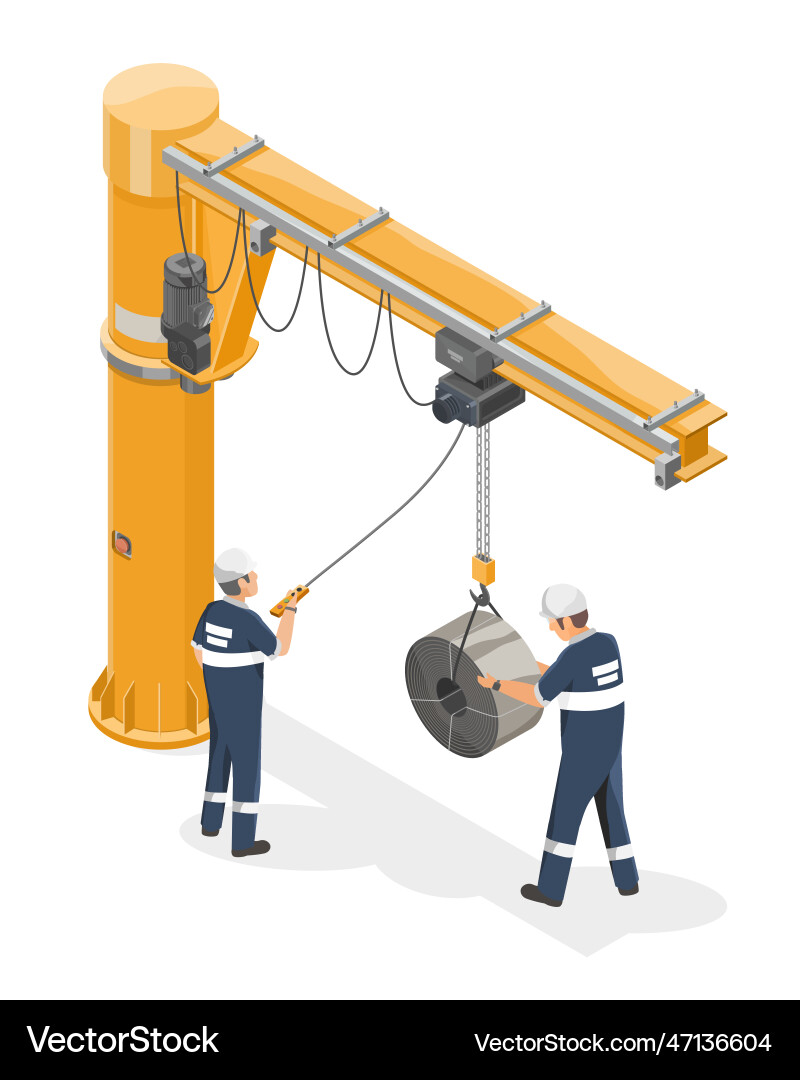 Two worker using operating slewing jib crane Vector Image
