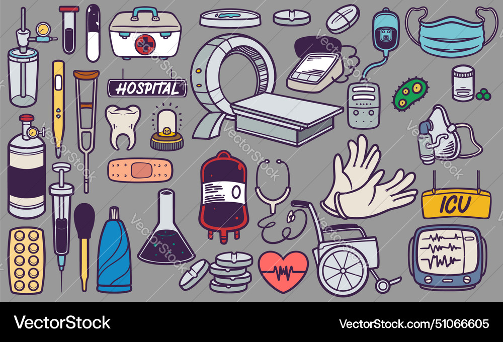 Hand drawn medical hospital tools doodle set Vector Image