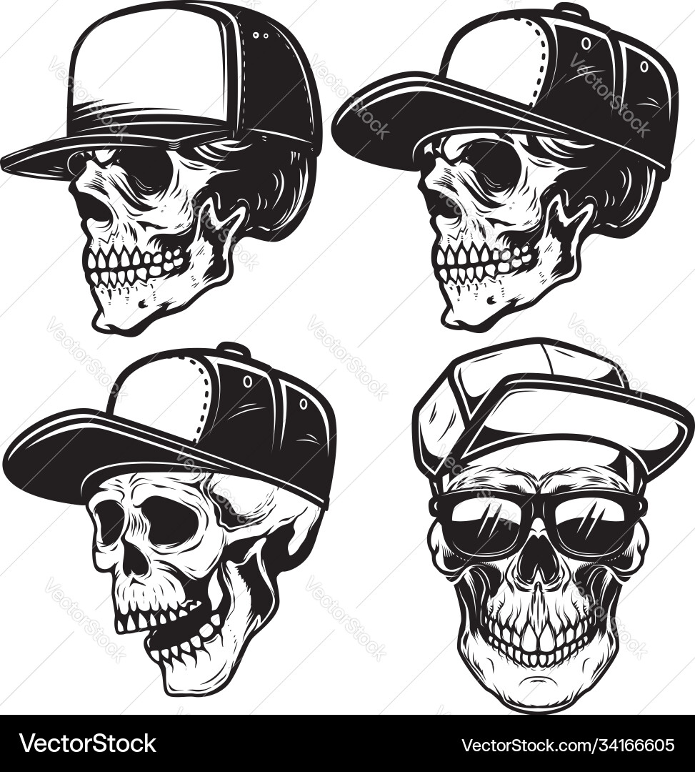 Set skull in baseball cap monochrome Royalty Free Vector