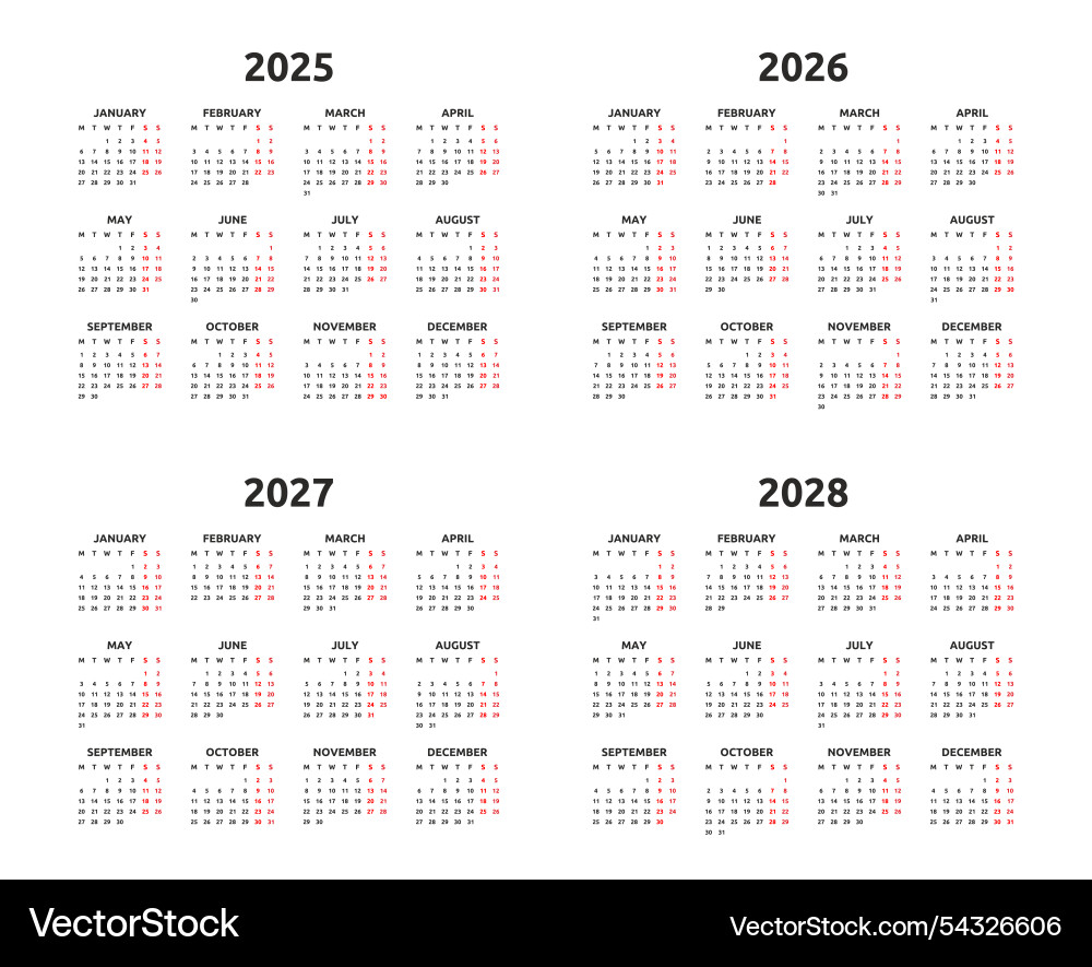 Calendar 2025 2026 2027 2028 years Royalty Free Vector Image
