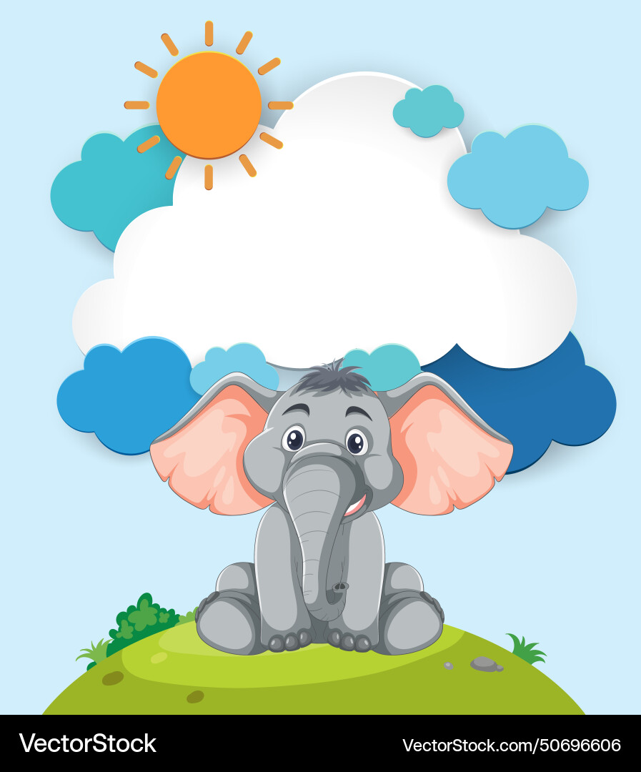 Cute elephant sitting on grass with sun and clouds