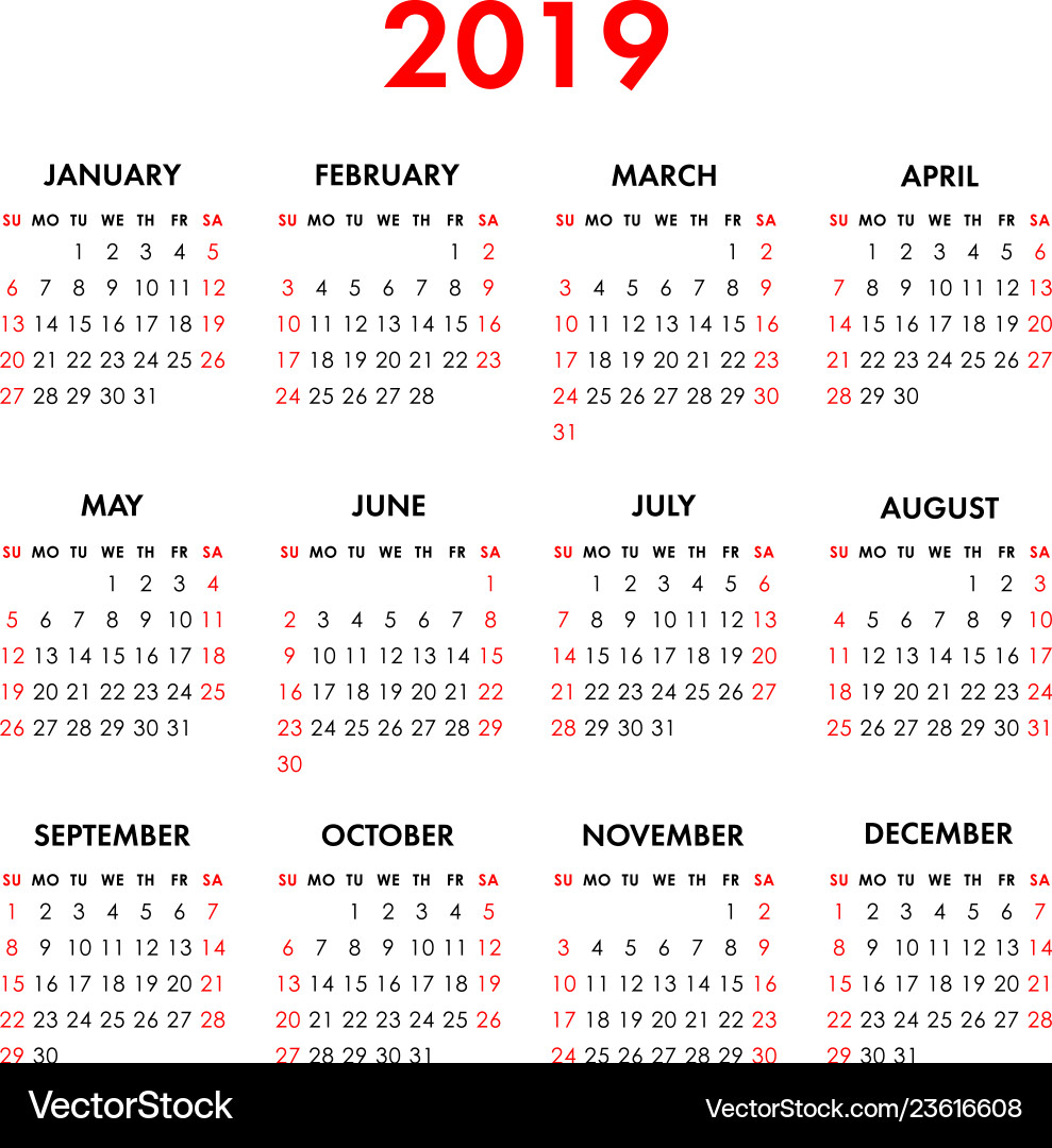 Calendar 2019 year on a white background week Vector Image