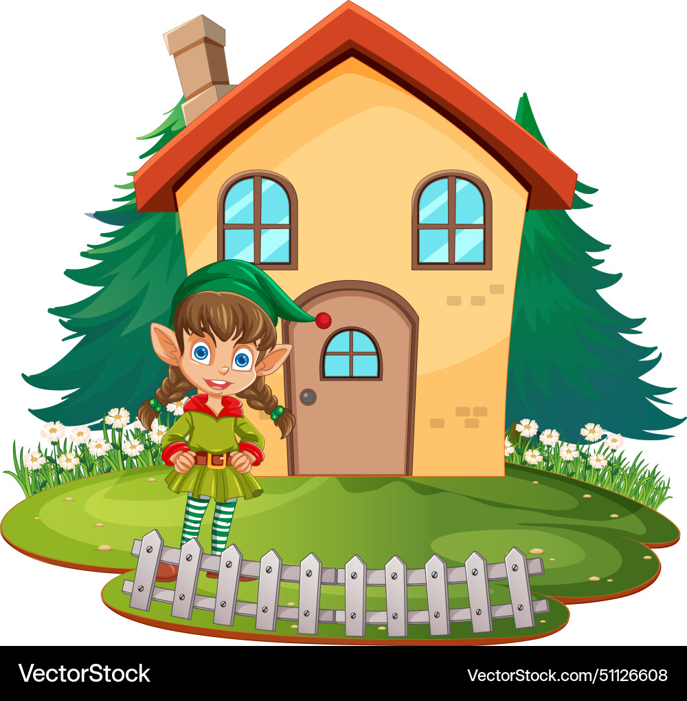 Cheerful elf standing outside a quaint house Vector Image