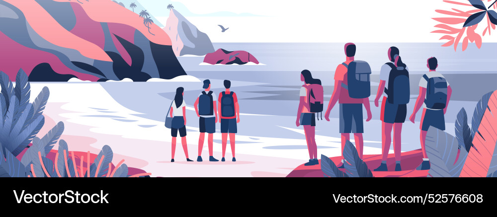 Hikers enjoying scenic coastal view group Vector Image