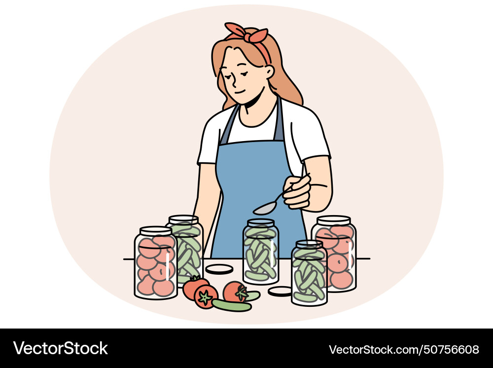 Woman in apron canning vegetables bottles Vector Image