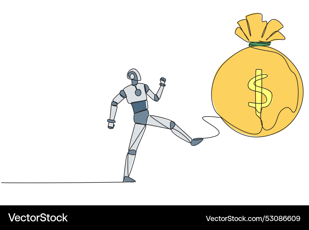 Single one line drawing smart robot kicking money Vector Image