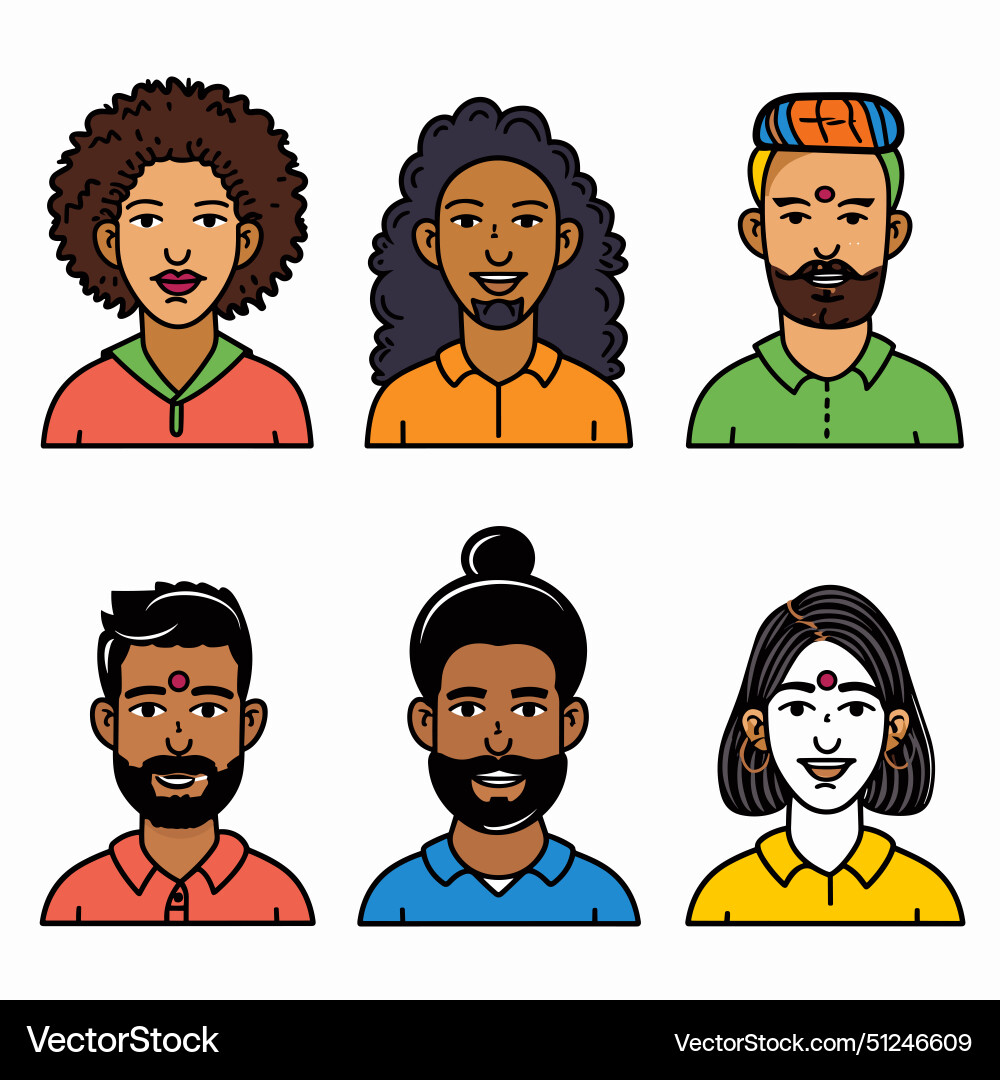 Six diverse cartoon characters shoulders up Vector Image