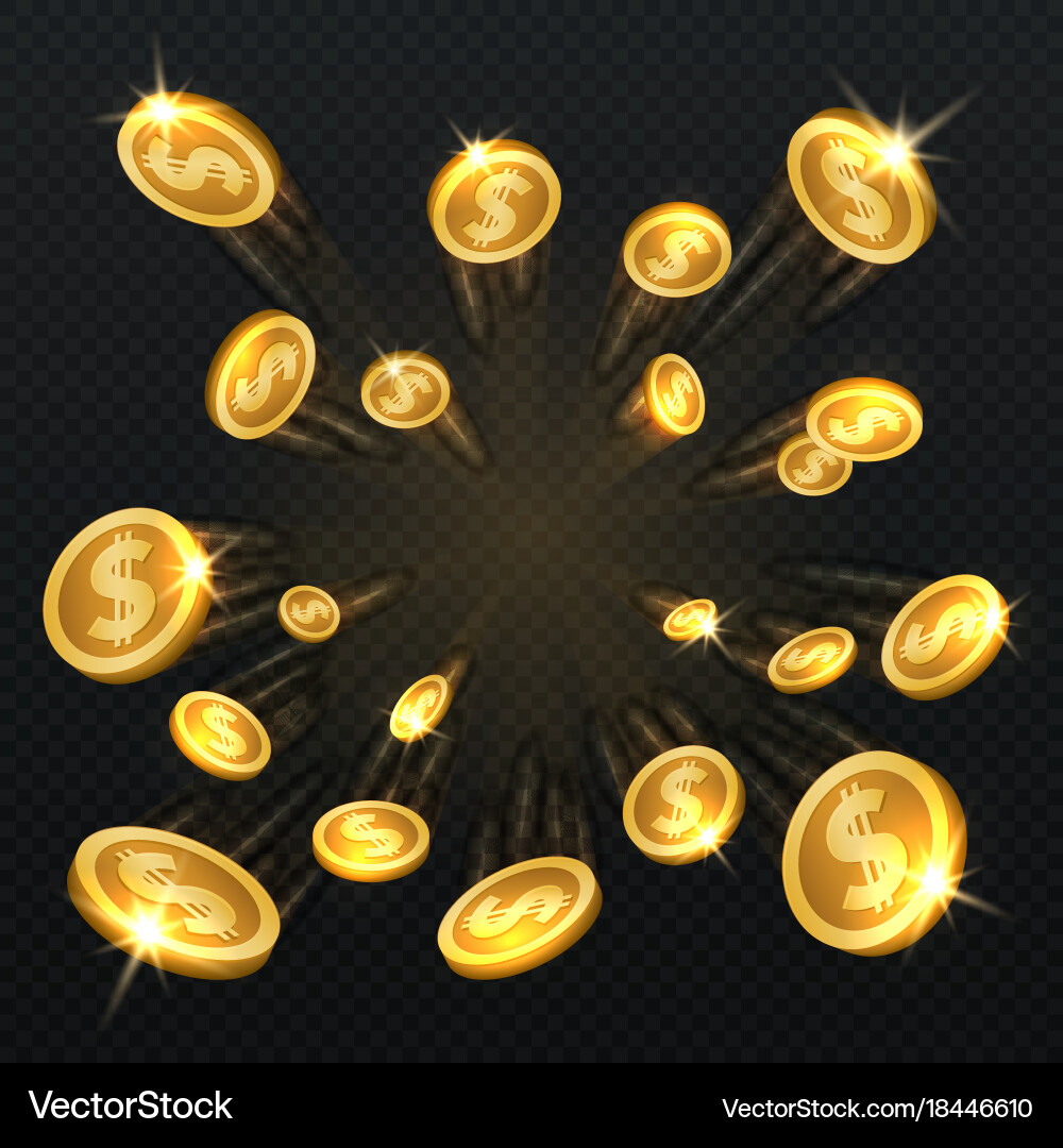 Golden dollar coins explosion isolated Royalty Free Vector