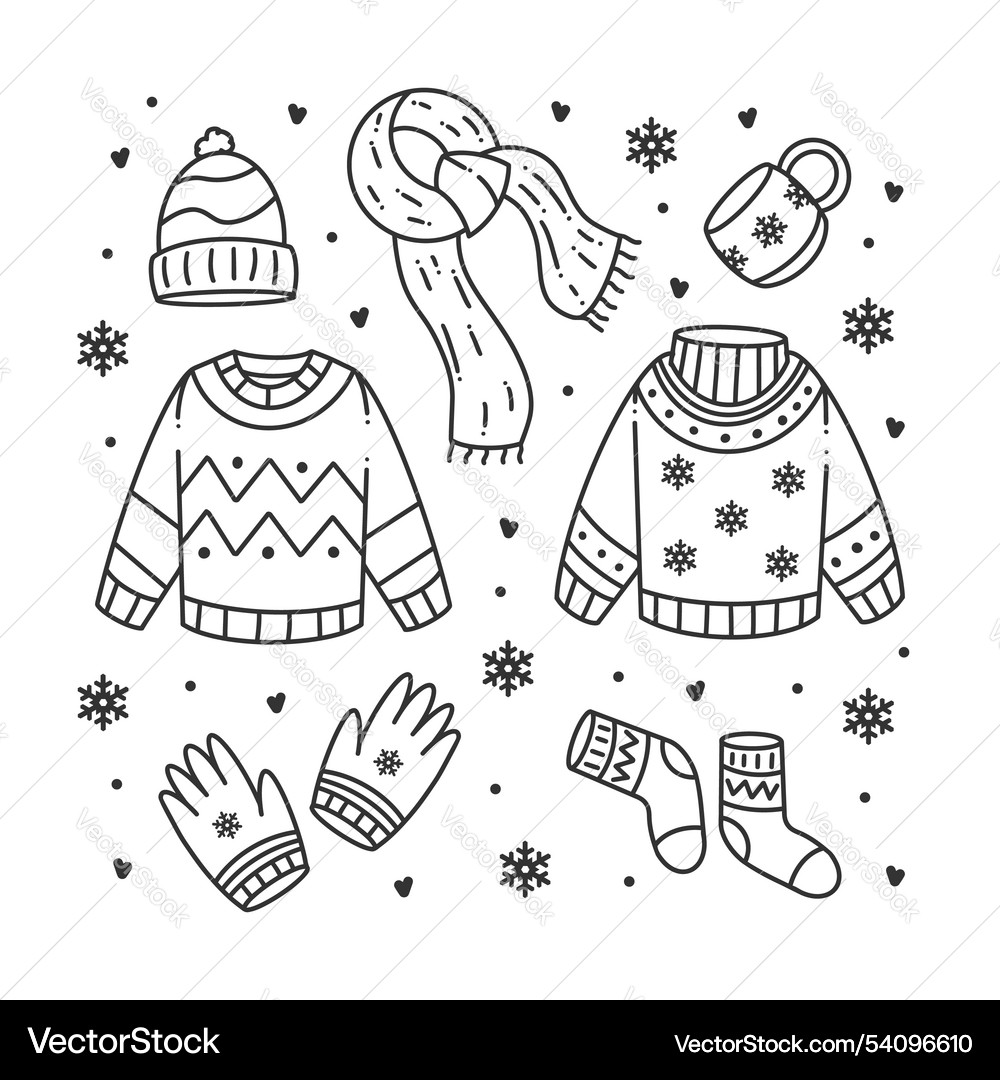 Winter icons clothes hand drawn doodle coloring Vector Image