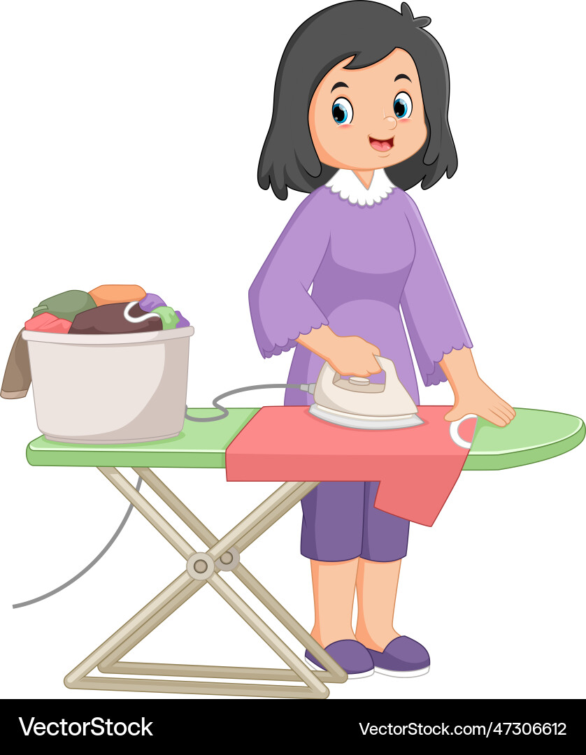 A mother is enthusiastically ironing clothes Vector Image