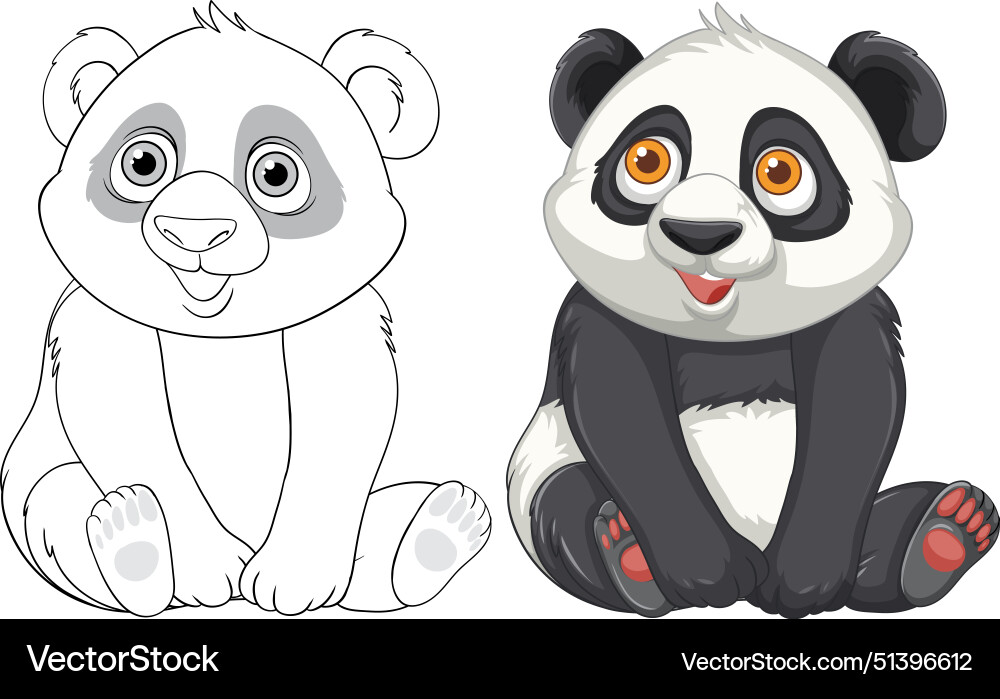 Adorable panda with colored and outline versions Vector Image