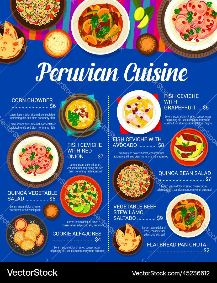 Peruvian cuisine menu fish meat vegetable food Vector Image